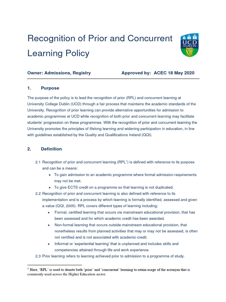UCD - Recognition of Prior Learning - RPL | PDF