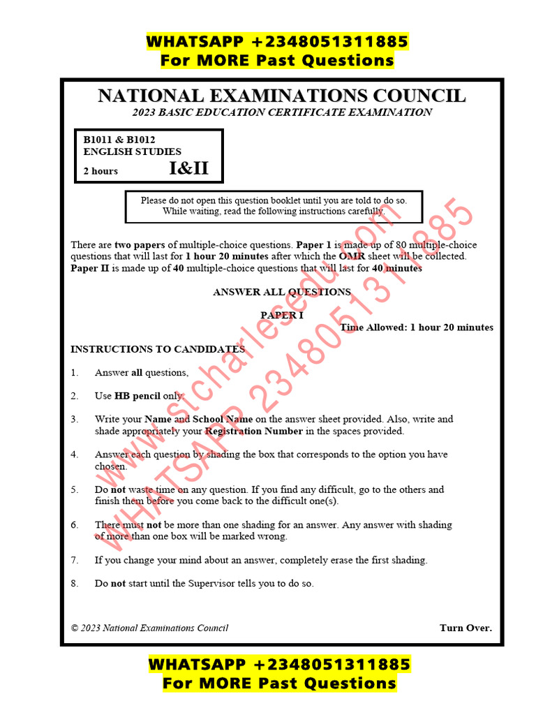 NECO BECE English Studies Past Questions For JSS3 PDF Download | PDF | Part Of Speech