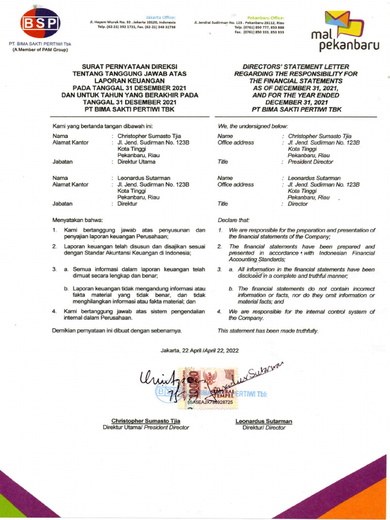 Surat Pernyataan Direksi PAMG 2021 | PDF