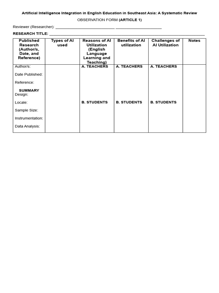 OBSERVATION FORM Template | PDF | Artificial Intelligence ...