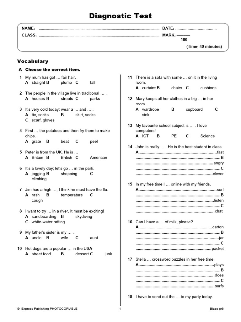 Diagnostic Test 6th Grade | PDF