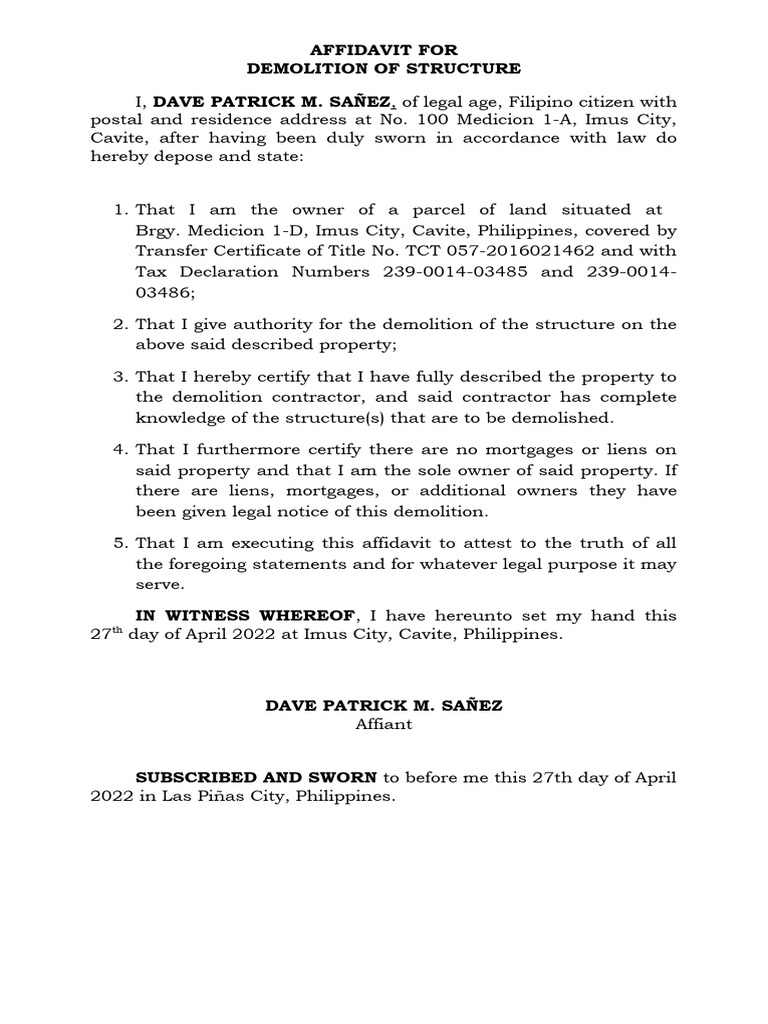 AFFIDAVIT FOR DEMOLITION OF STRUCTURE | PDF