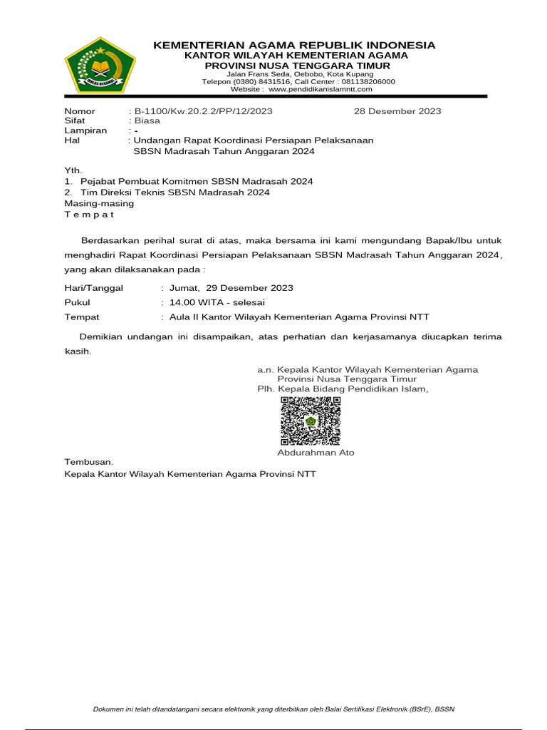 Undangan Rapat Koordinasi SBSN Madrasah TA. 2024 | PDF