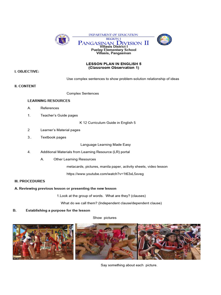 COT2 2021_DLP_ENGLISH 5_COMPLEX SENTENCE | PDF | Sentence (Linguistics) | Lesson Plan