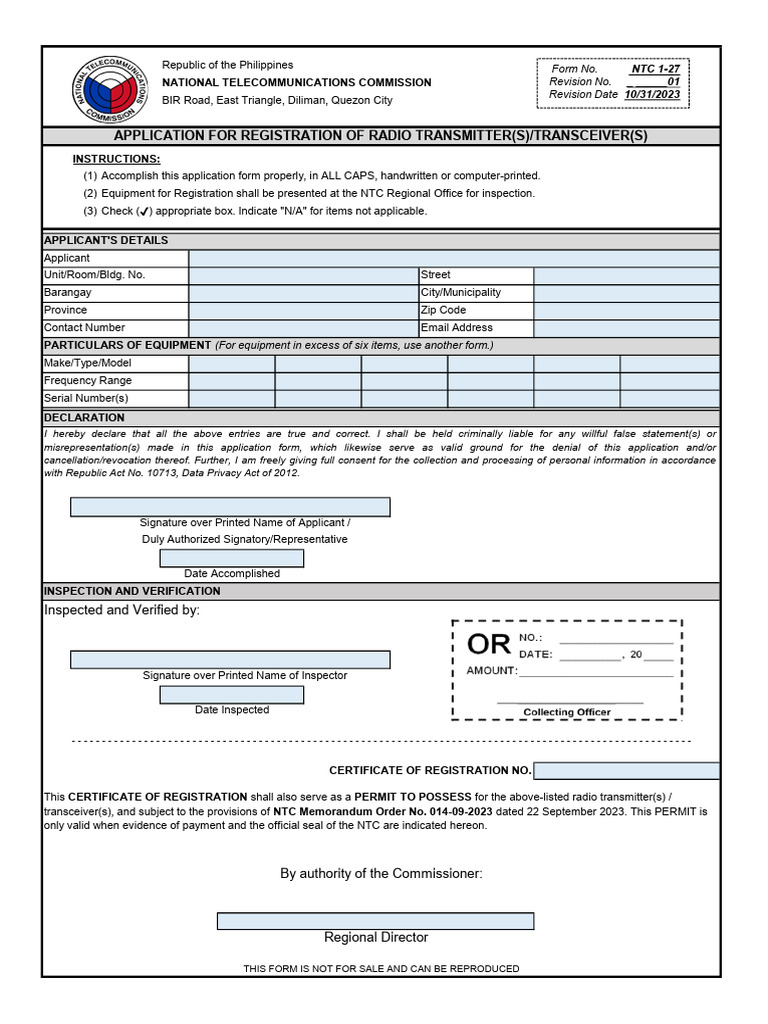 Form No. NTC 1 27 APPLICATION FOR REGISTRATION OF RADIO ...