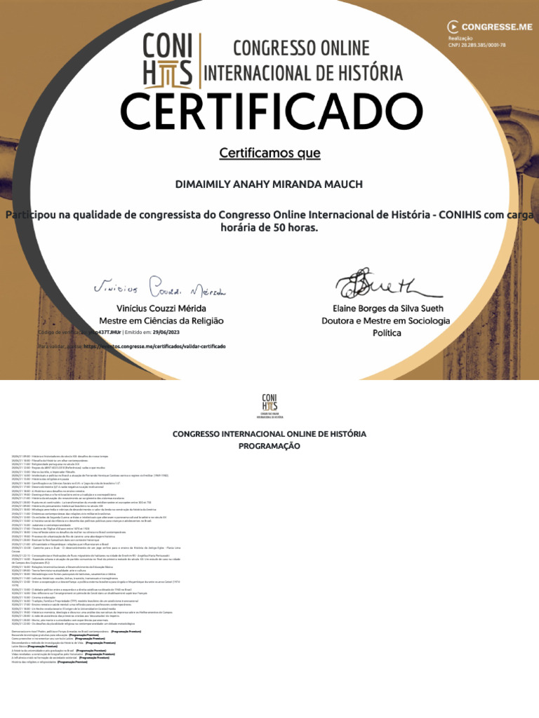 Certificado Congresso Internacional Online de Historia | PDF