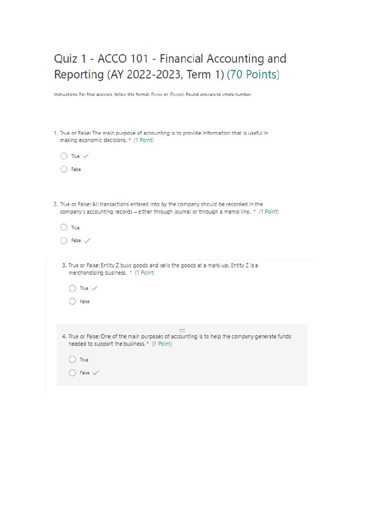 ACCO 101 - Quiz 1 With Answers | PDF