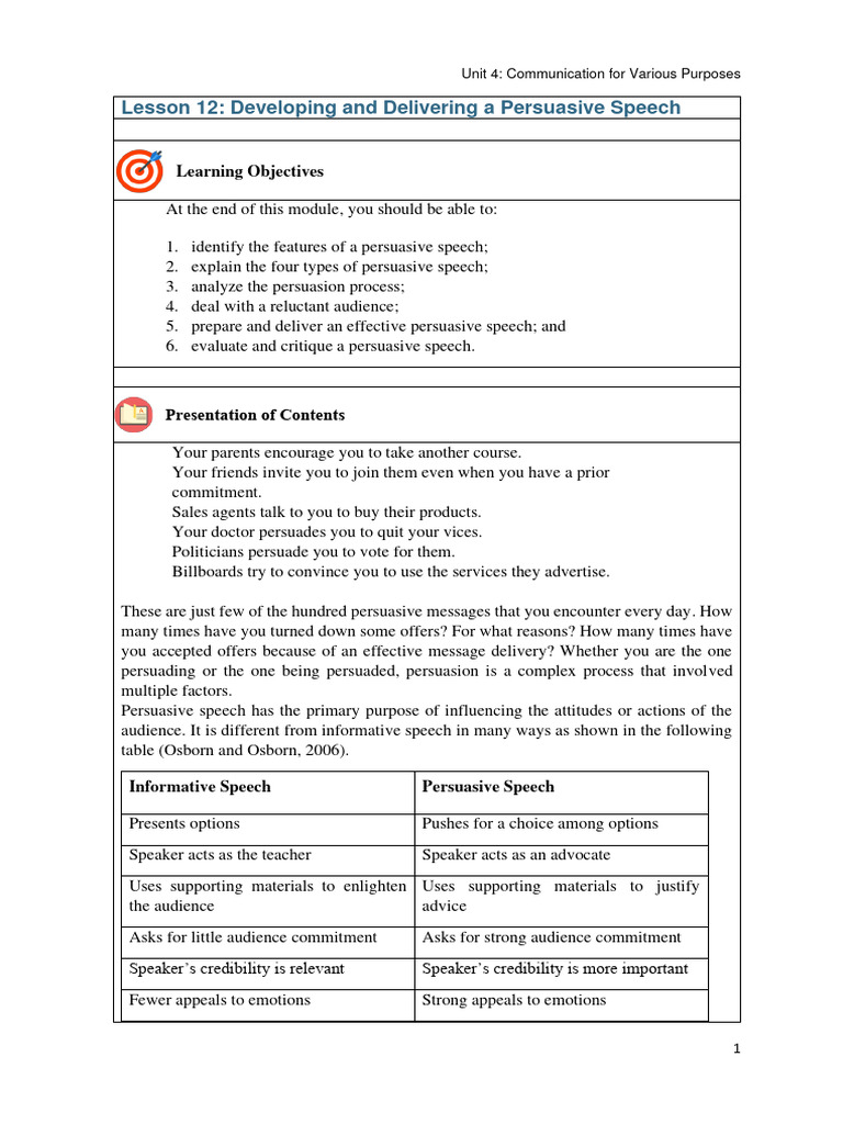 Lesson 12 Developing and Delivering a Persuasive Speech | PDF ...