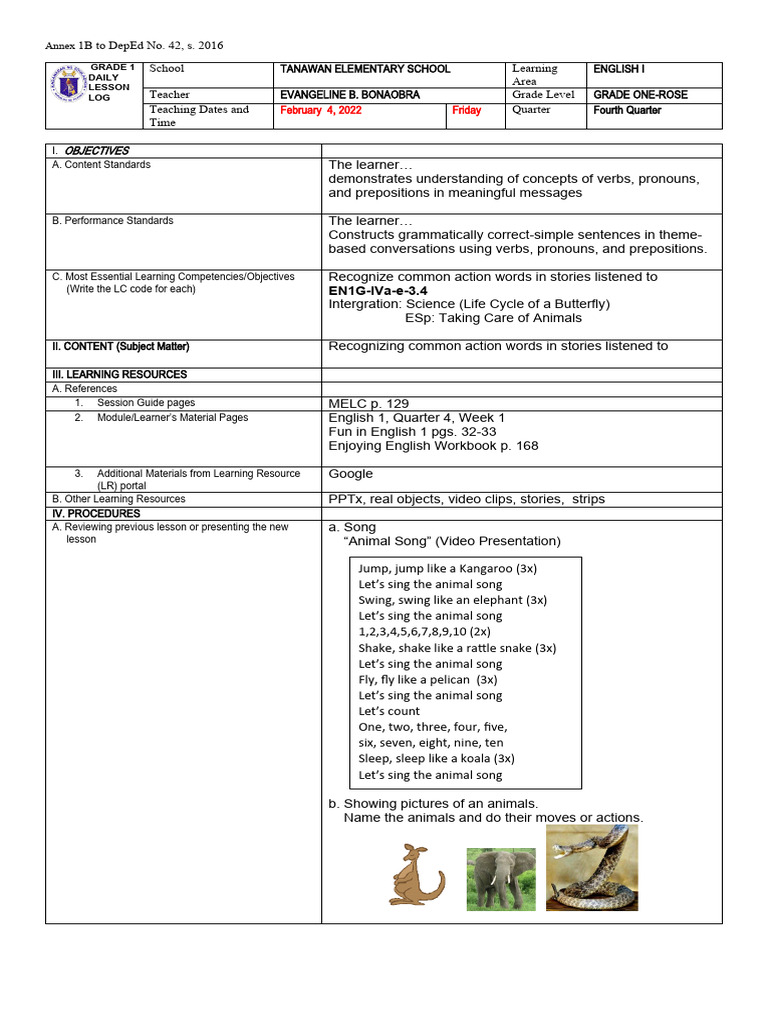 COT ENGLISH Recognize Common Action Words in The Story Listened To ...