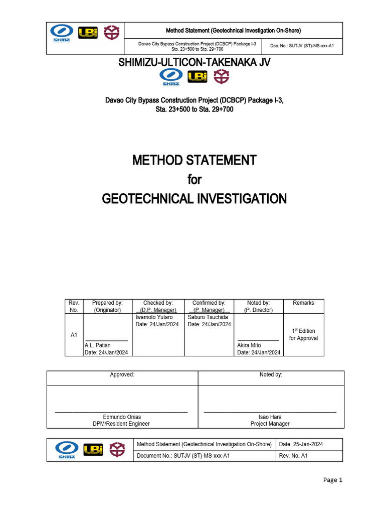 Method Statement for Soil Investigation_20240125_A1-Rev. 0 | PDF | Geotechnical Engineering ...