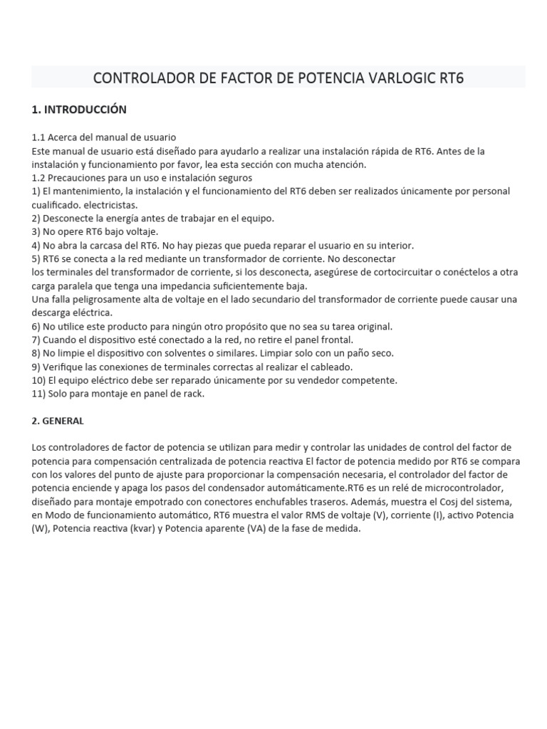 Controlador Varlogic RT6: Manual de Usuario | PDF | Transformador ...