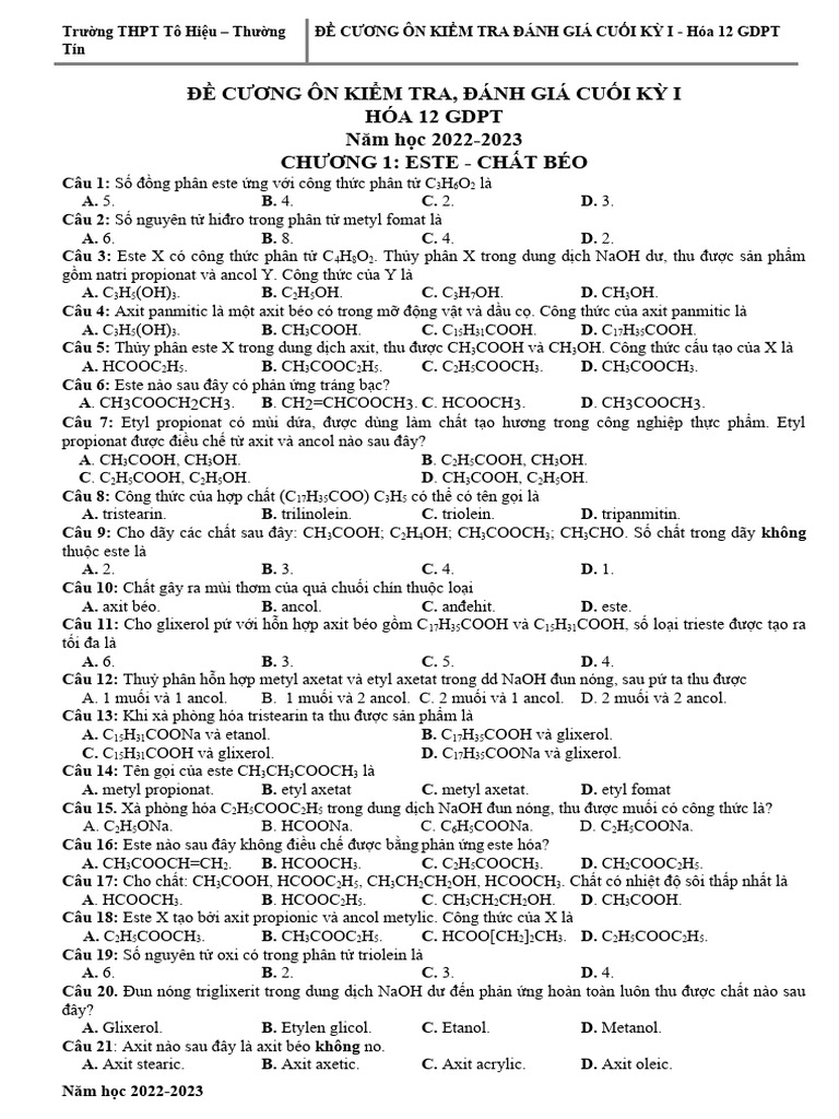 De Cuong On Kiem Tra Danh Gia Cuoi Ky I - Hoa 12 GDPT | PDF
