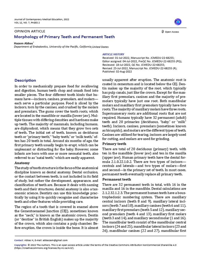 Morphology of Primary Teeth and Permanent Teeth | PDF