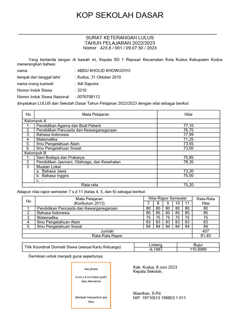 Surat Keterangan Lulus SD 2023 | PDF