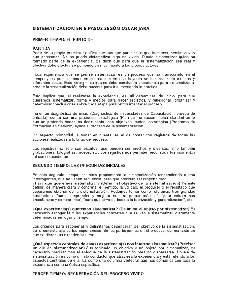 Sistematizacion - Oscar Jara | Descargar gratis PDF | Experiencia | Pedagogía