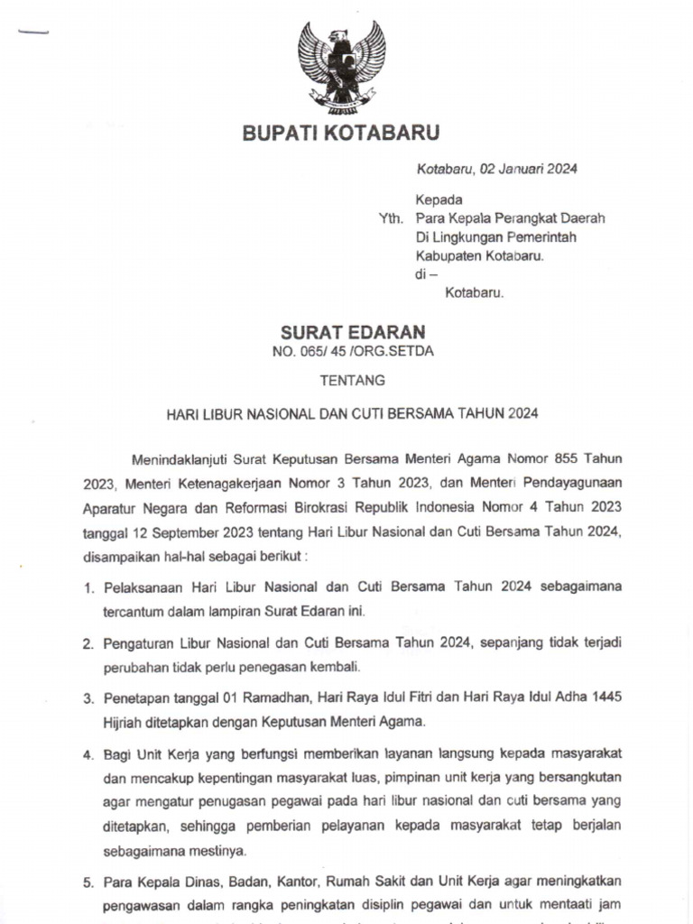 137 - Bupati KTB - Surat Edaran Hari Libur Nasional | PDF