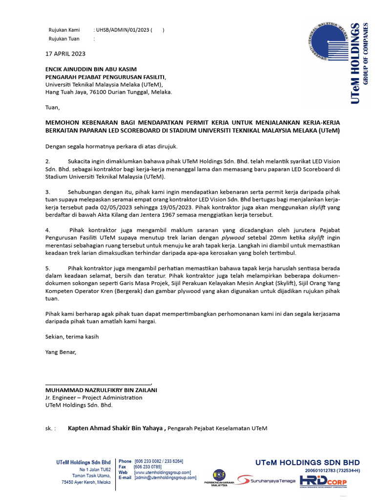 Surat Permohonan Kerja LED Vision (Fasiliti) | PDF
