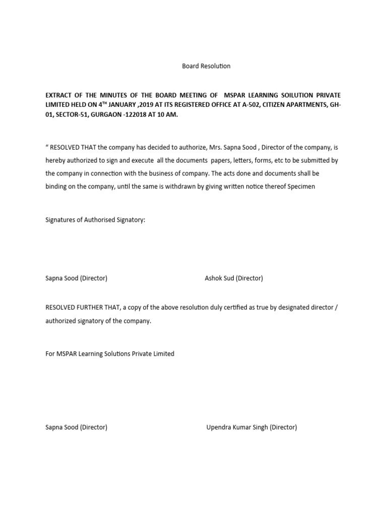 Board Resolution For Authorized Signatory. | PDF