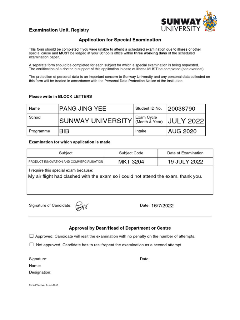 SU Application For Special Examination | PDF | Justice | Crime & Violence