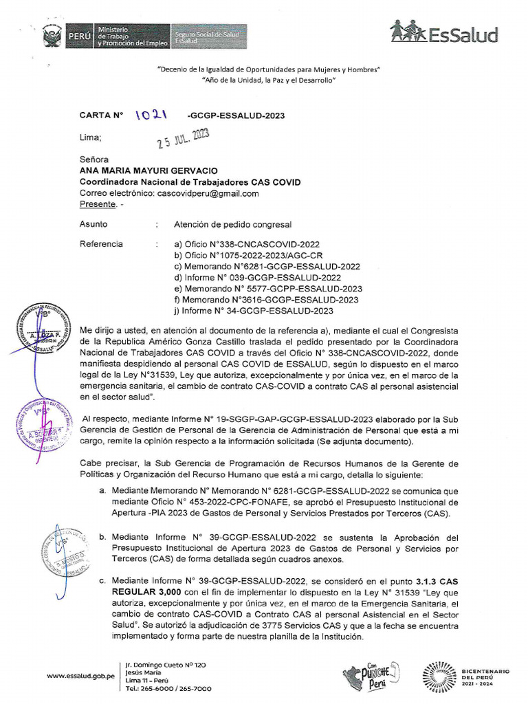 CARTA N° 1021-GCGP-ESSALUD-2023 | PDF CARTA N° 1021-GCGP-ESSALUD-2023 | PDF