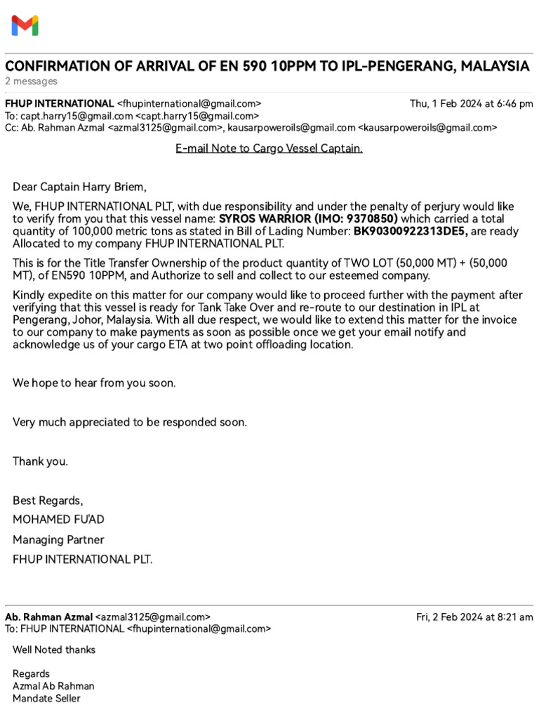 Gmail - Confirmation of Arrival of en 590 10ppm To Ipl-Pengerang ...