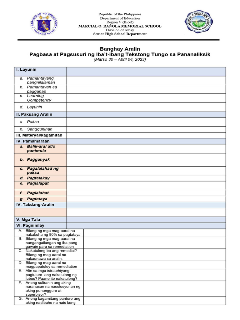 Banghay Aralin sa Pagbasa at Pagsusuri | PDF