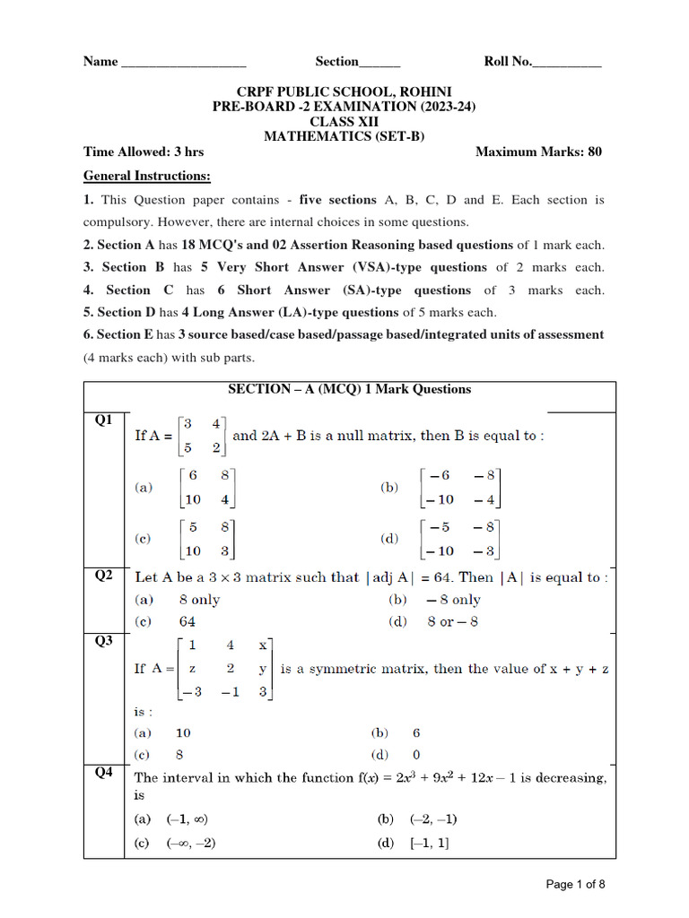 Class XII Mathematics Pre-Board Exam 2023 | PDF | Standardized Tests ...