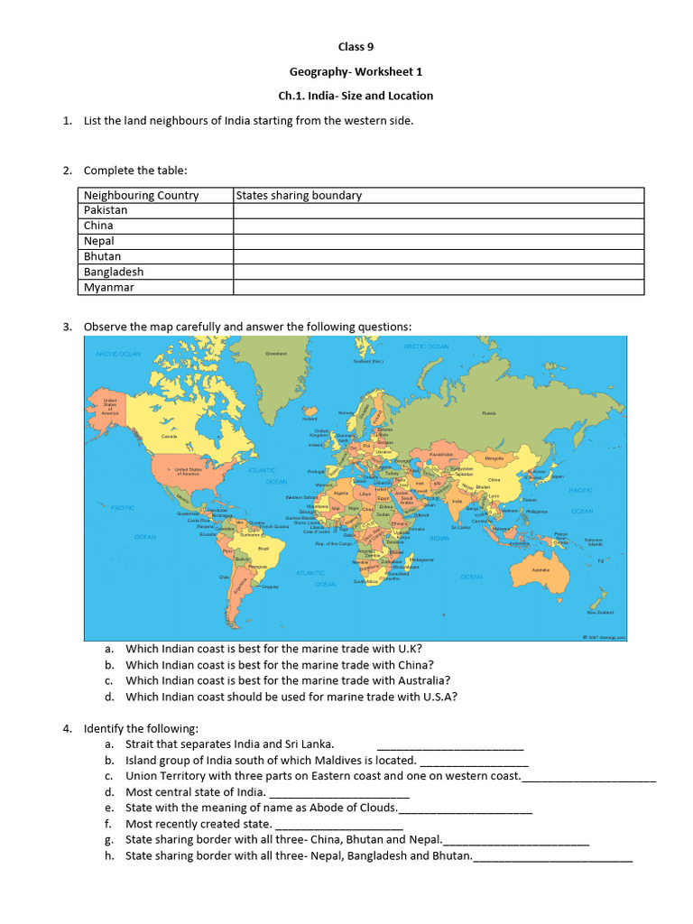 Class 9 Geography-Worksheet 1 Ch.1. India - Size and Location | PDF