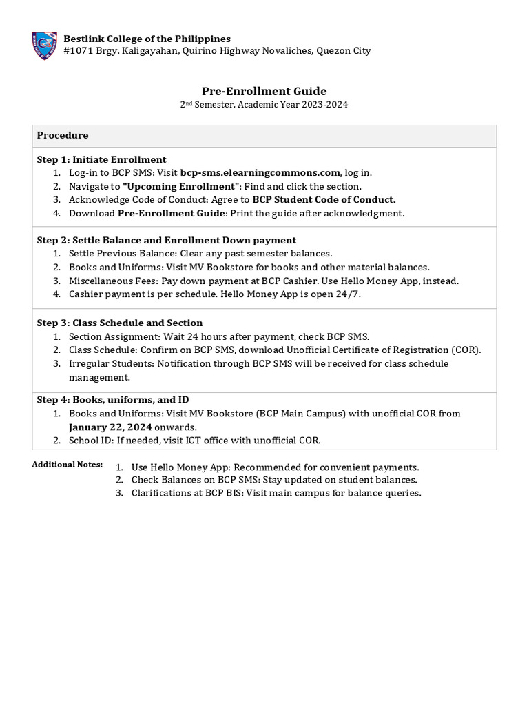 BCP 2nd Semester Enrollment Guide | PDF | Business