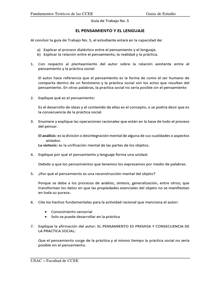 Guía No 5 Pensamiento Y Lenguaje 2 3 Pdf Pensamiento Mente