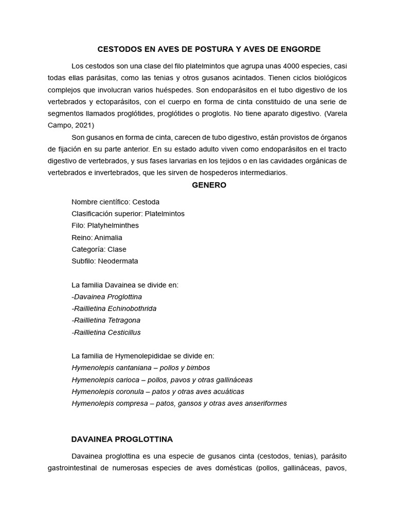 Cestodos en Aves: Davainea y Hymenolepis | PDF | Especialidades Medicas ...