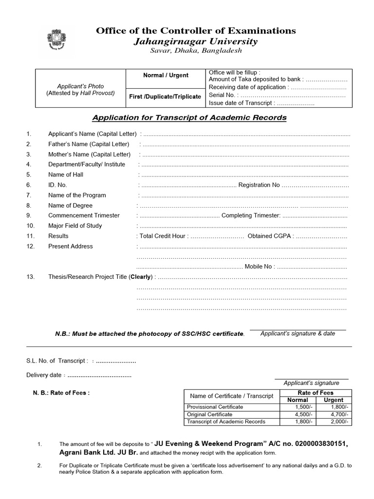 Transcript Application Form - Jahangirnagar University | PDF