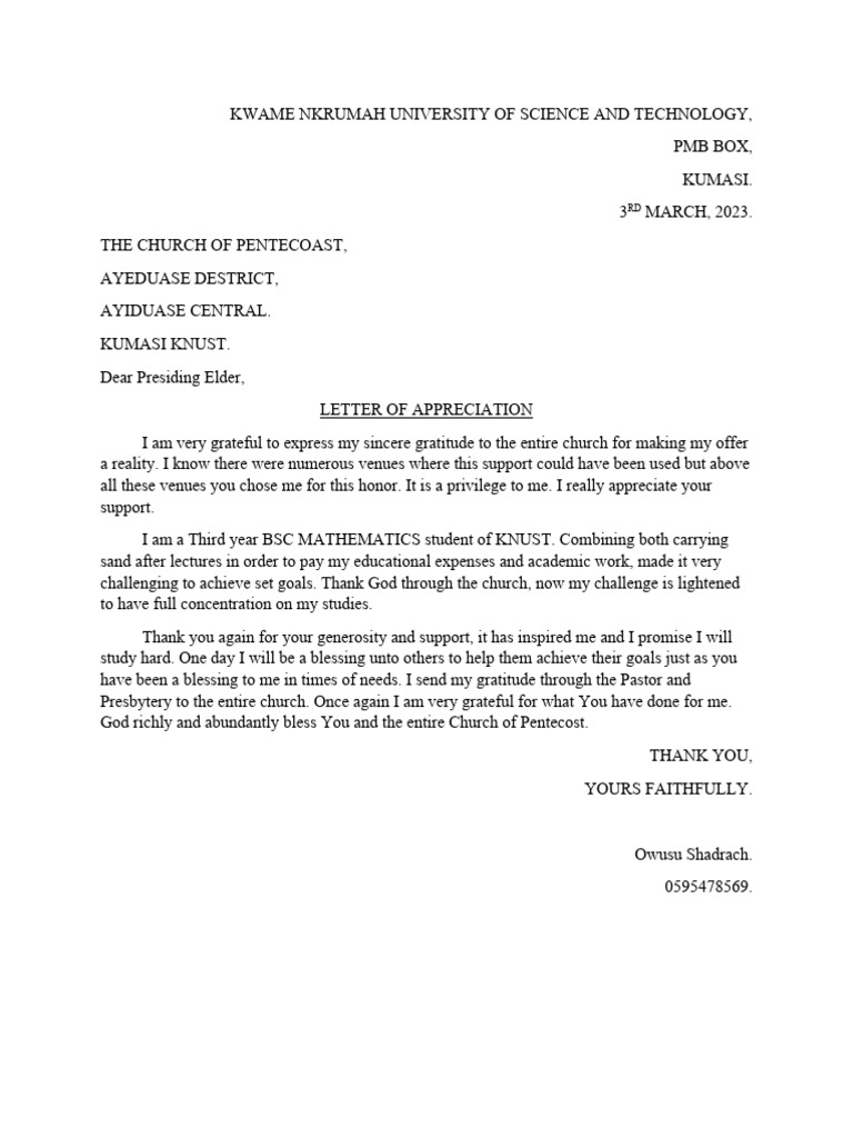 Appreciation Letter to Church for Support | PDF