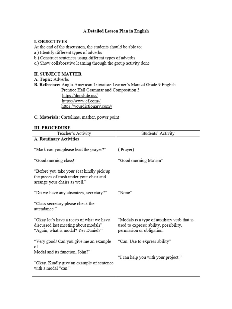 Detailed Lesson Plan | PDF | Adverb | Verb