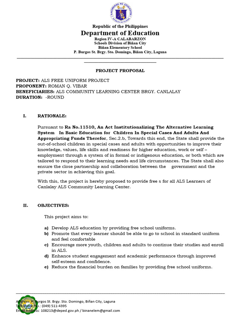 ALS Free Uniform Project Proposal | PDF
