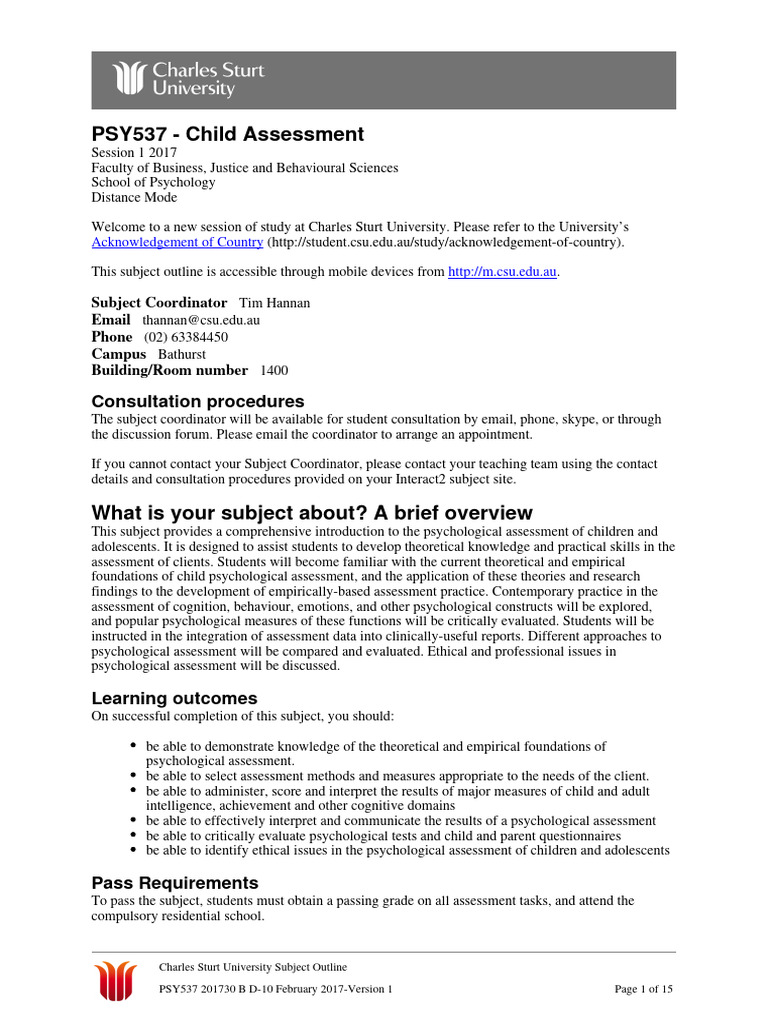 PSY537 Course Outline ChildAssmt | PDF | Psychology | Psychological ...