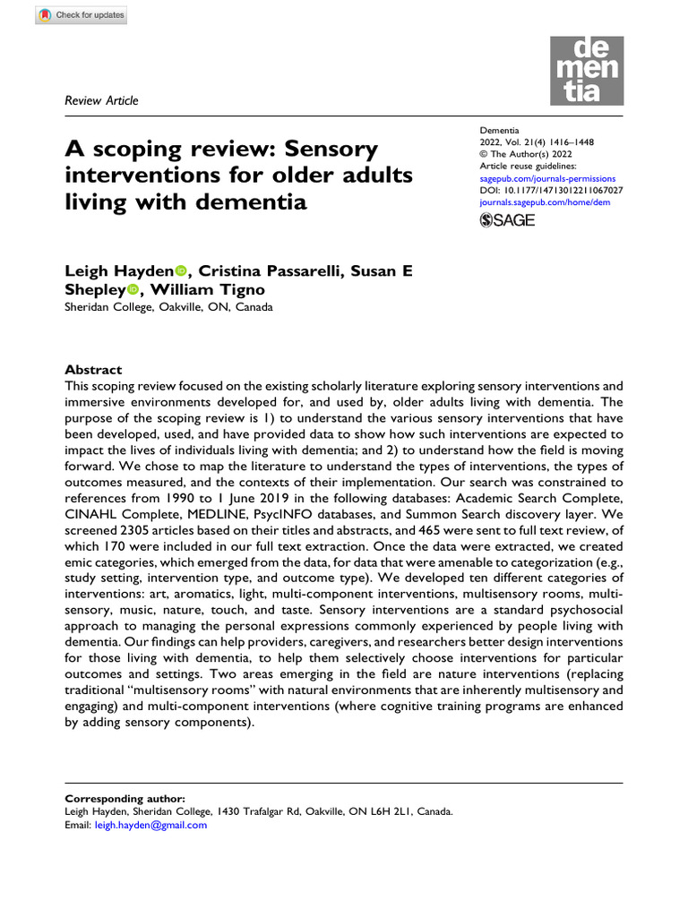 Hayden Et Al 2022 A Scoping Review Sensory Interventions For Older Adults Living With Dementia ...
