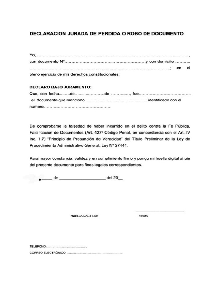 Declaración Jurada Por Pérdida de Carnet | PDF