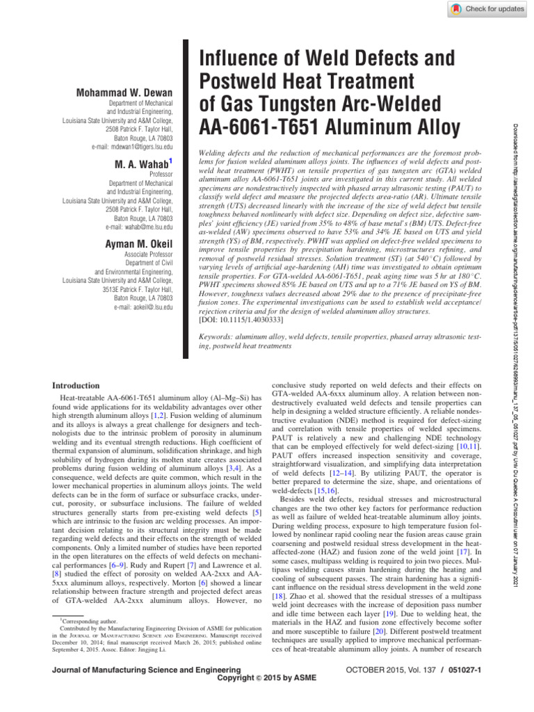 Influence Of Weld Defects And Postweld Heat Treatment Of Gas Tungsten Arc Welded Aa 6061 T651