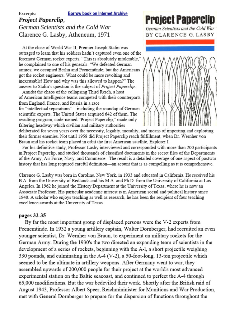 ProjectPaperclip Lasby1975 | PDF | Wernher Von Braun | V 2 Rocket