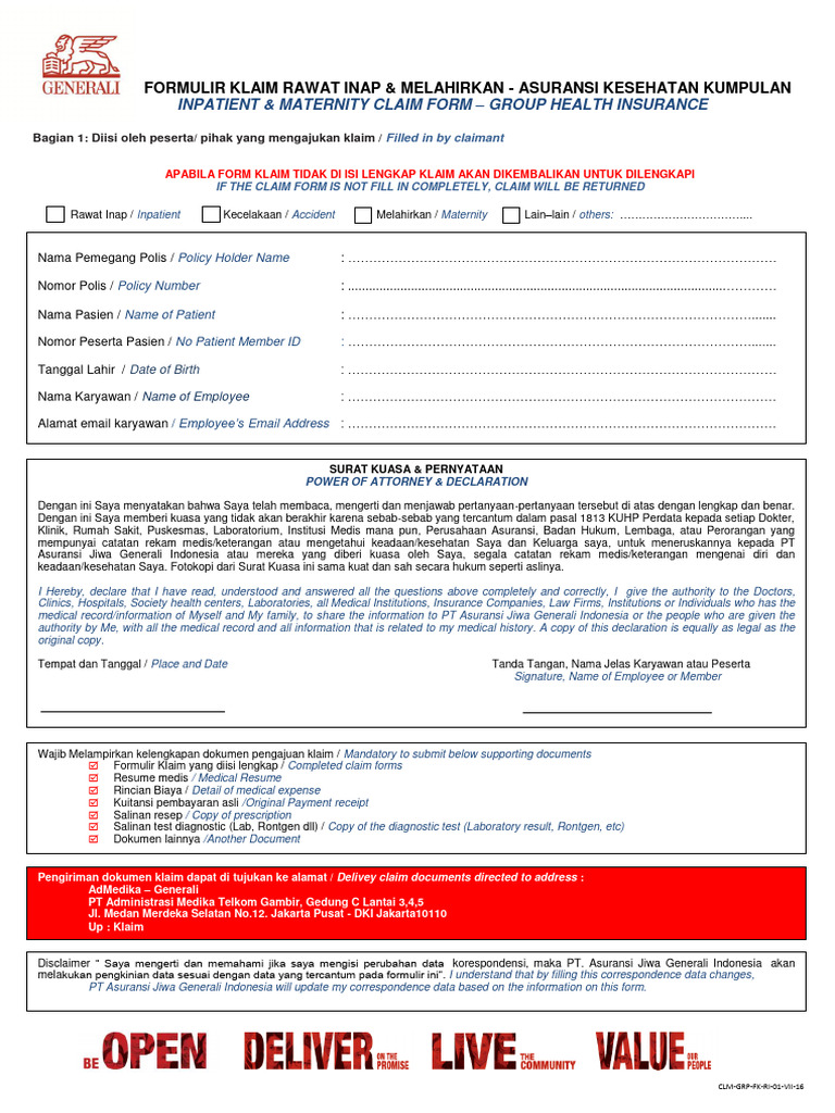 Generali-Claim Form Rawat Inap Dan Melahirkan | PDF