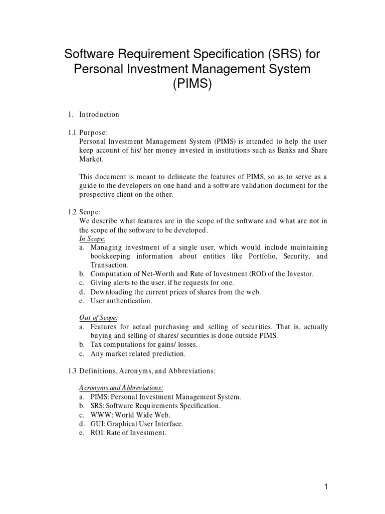 Software Requirement Specification (SRS) For Personal Investment Management System (PIMS) | PDF ...