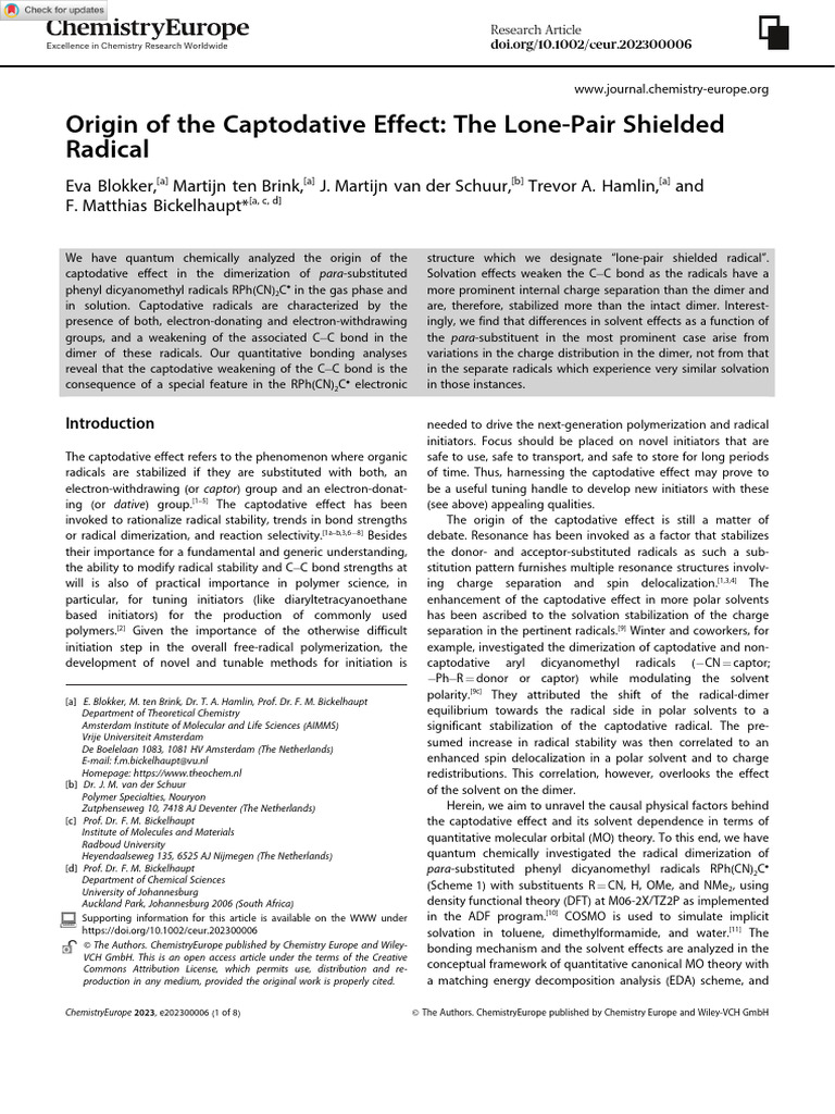 Blokker Eva Origin of The Captodative Effect The Lone | PDF