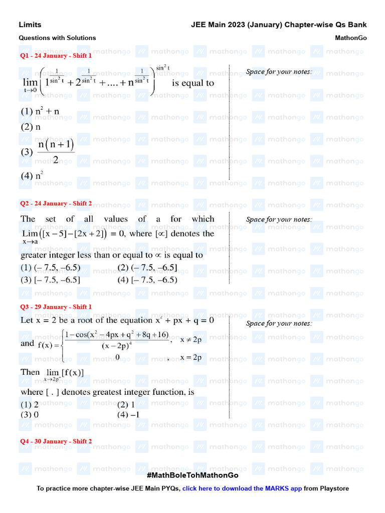 Limits - JEE Main 2023 January Chapter Wise Questions by MathonGo | PDF