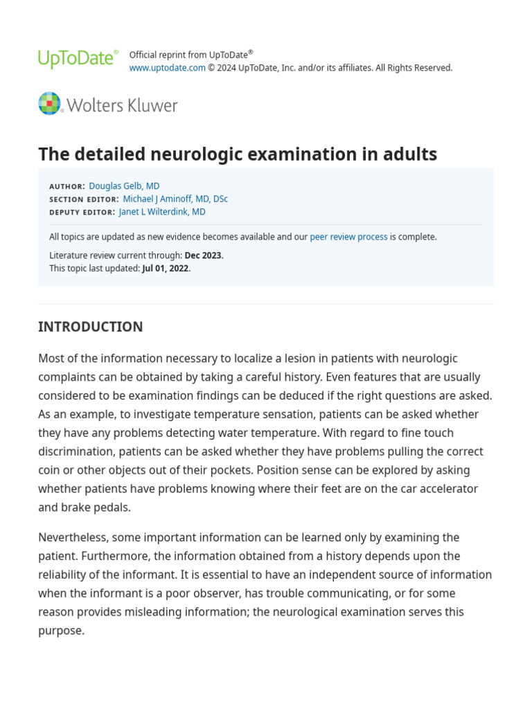 The detailed neurologic examination in adults - UpToDate | PDF ...