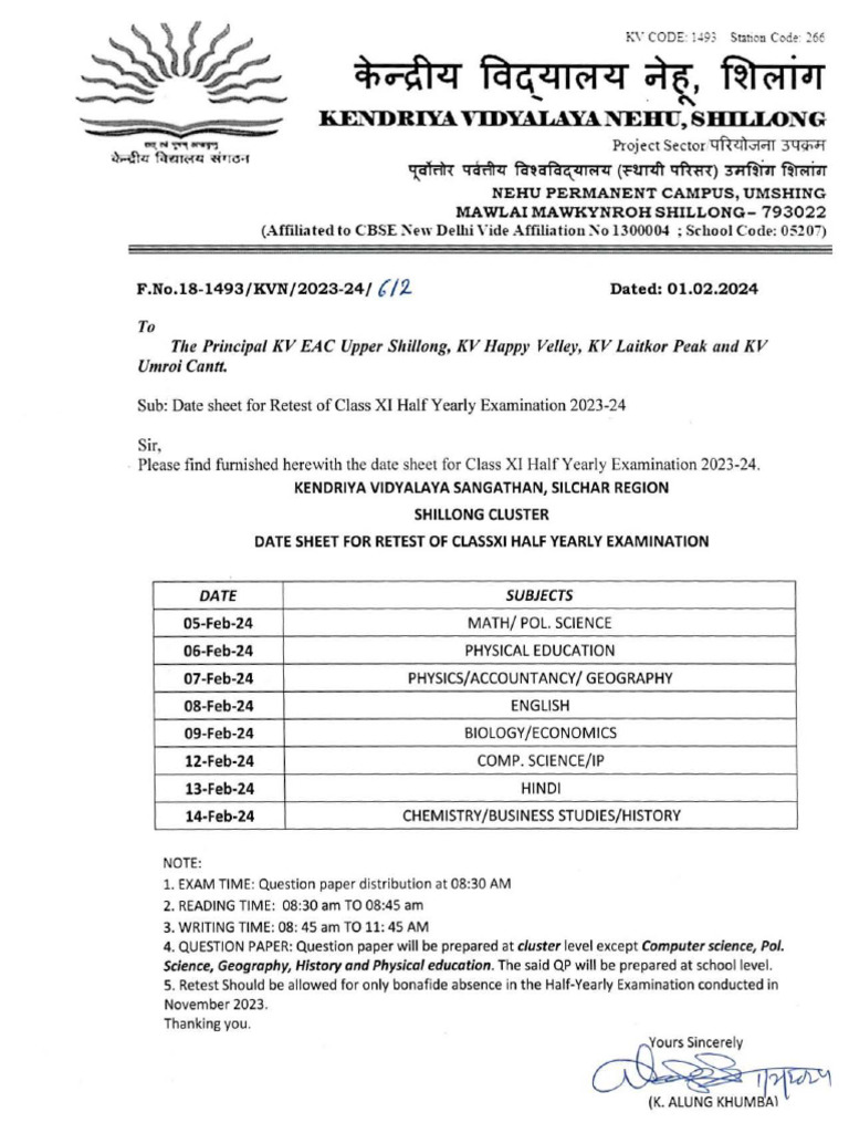 Datesheet For Retest of Class XI Half Yearly Exam 2023-24 | PDF