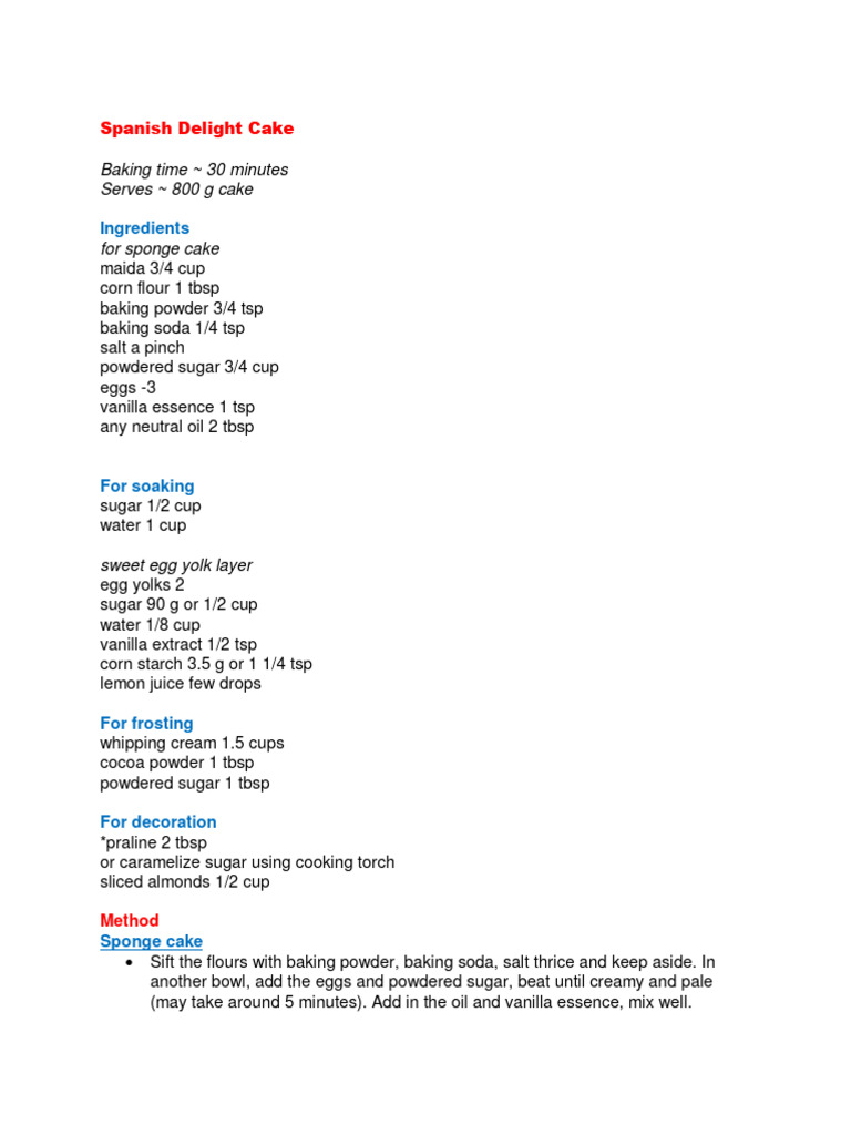 Spanish Delight Cake | PDF | Cooking, Food & Wine | Wellness