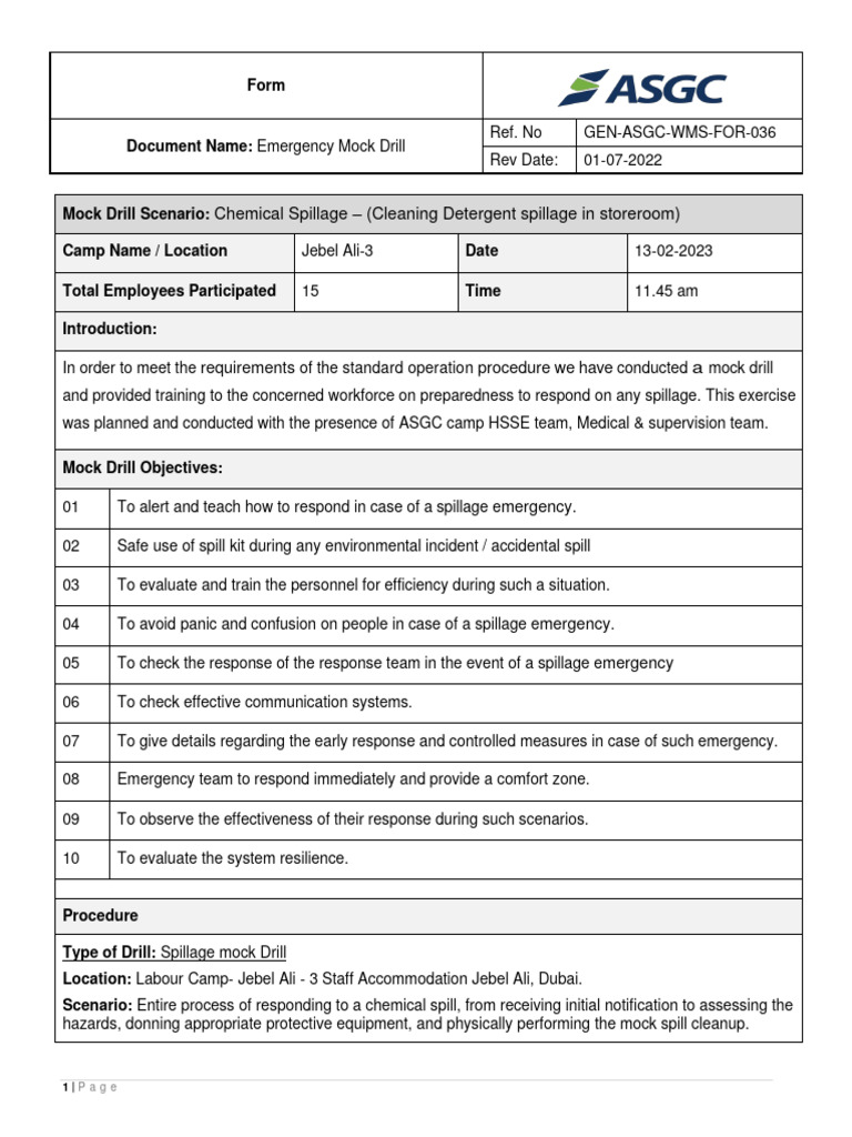Gen Asgc Wms Mock Drill Ja3 Spillage | PDF | Emergency | Personal ...