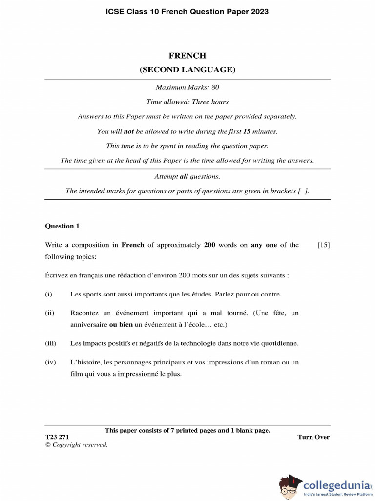 ICSE Class 10 French Question Paper 2023 | PDF