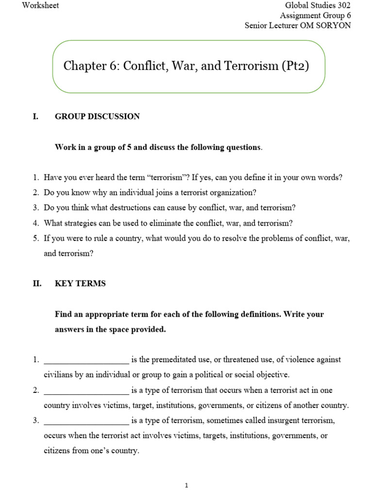Conflict, War, and Terrorism Worksheet | PDF | Australian And New ...